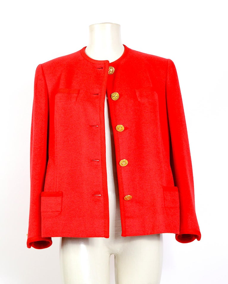 Celine vintage 1980s red wool jacket with signature gold buttons at 1stDibs