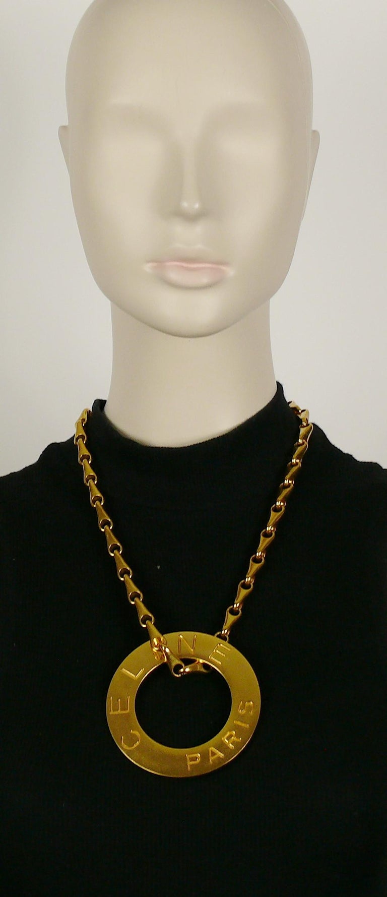 Celine Vintage 1990 Massive Gold Toned Disc Pendant Necklace For Sale ...