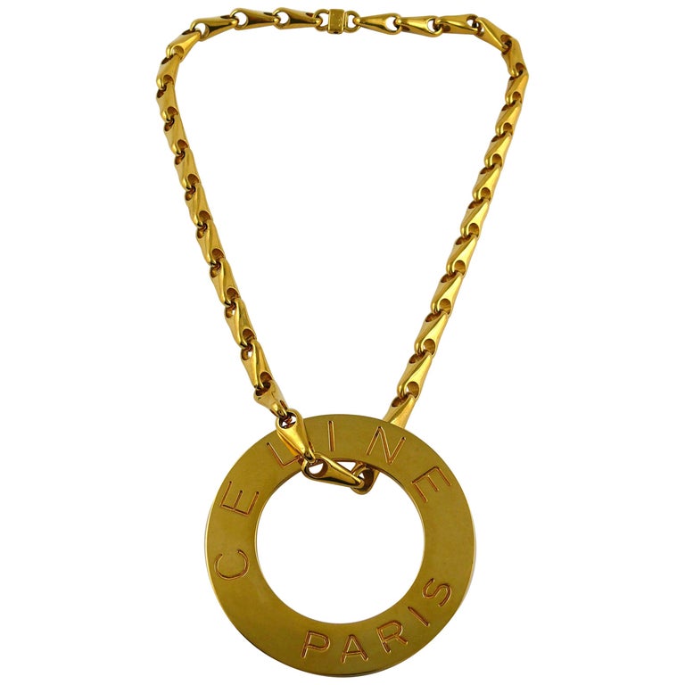 Celine Vintage 1990 Massive Gold Toned Disc Pendant Necklace For Sale ...