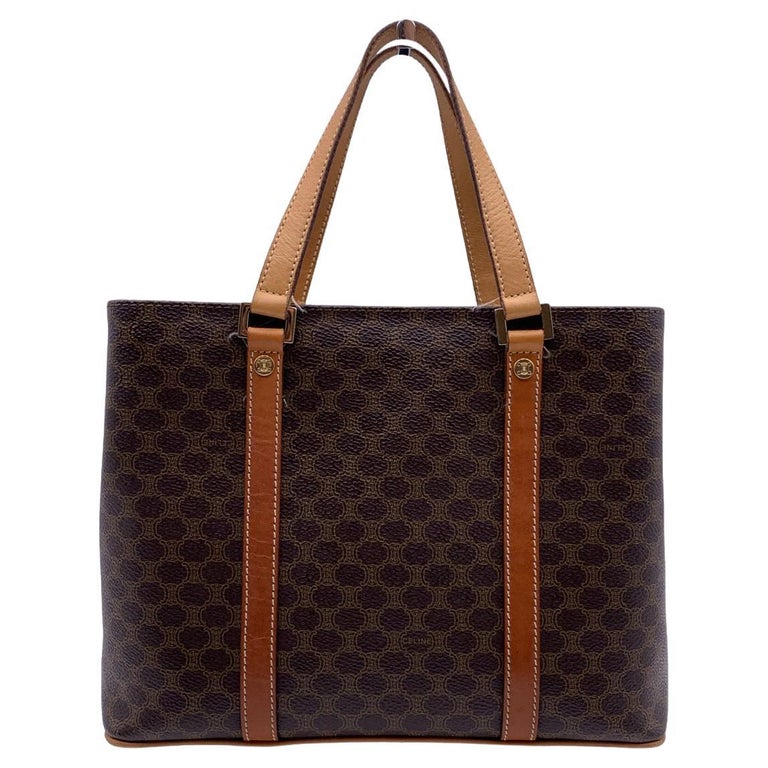 Celine Vintage Brown Macadam Canvas Small Tote Handbag For Sale at 1stDibs