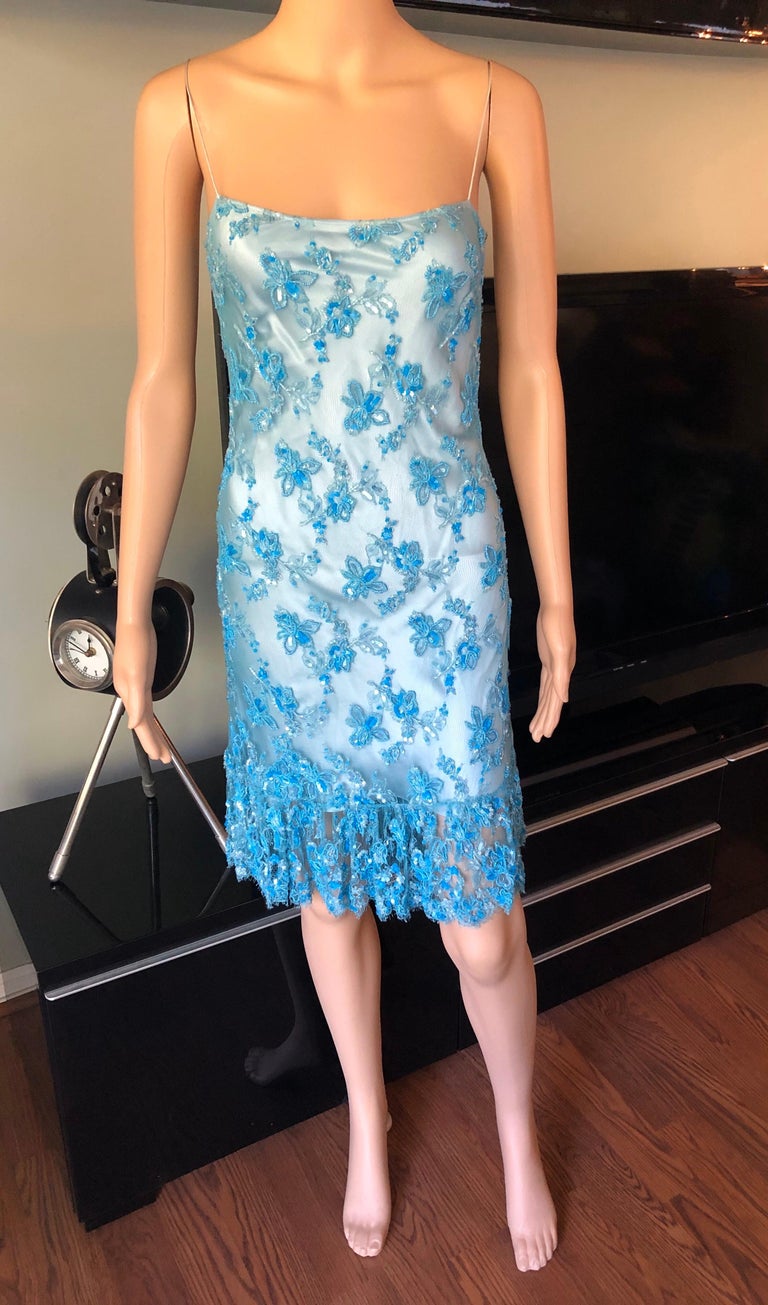 Celine Vintage Embellished Lace Turquoise Cocktail Dress at 1stDibs