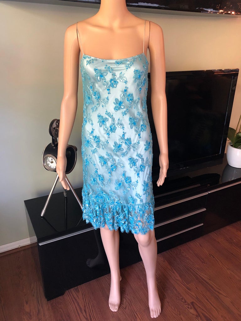 Celine Vintage Embellished Lace Turquoise Cocktail Dress at 1stDibs