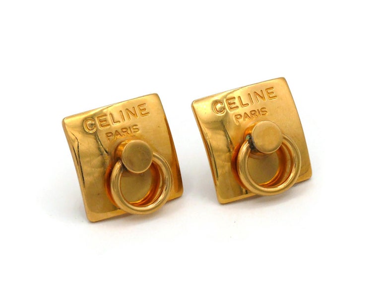 Celine Vintage Gold Toned Door Knocker Clip-On Earrings For Sale at 1stDibs