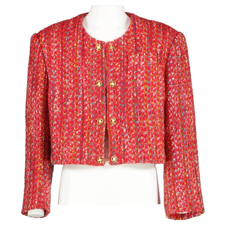 Celine Vintage Red Cropped Tweed Jacket - Size FR46 at 1stDibs