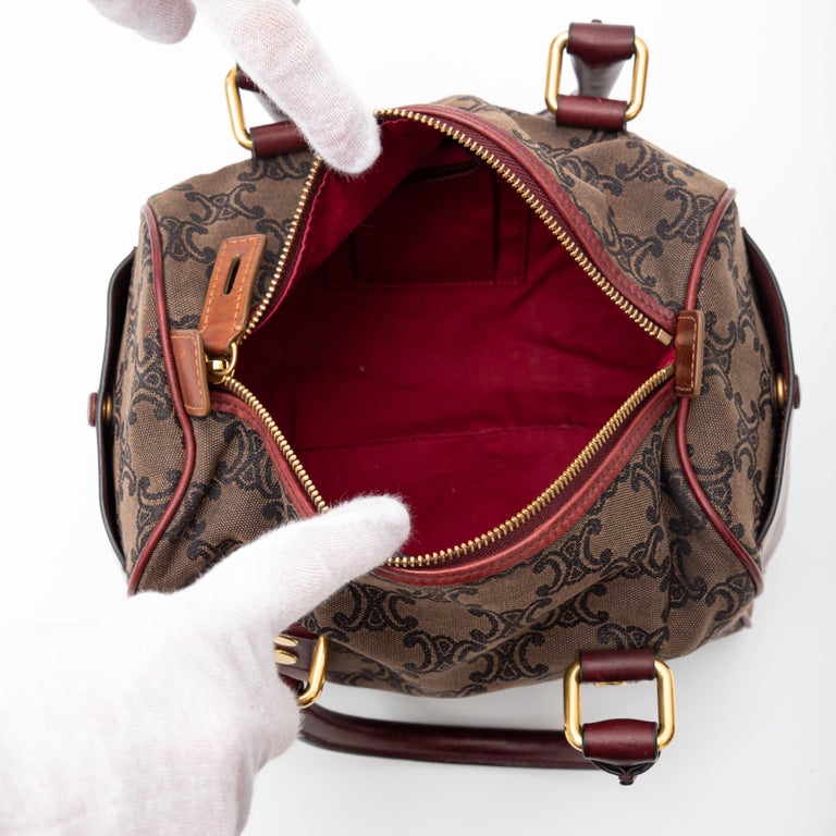 Celine Vintage Taupe Fabric Burgundy Leather Boston Bag 2009 For Sale ...