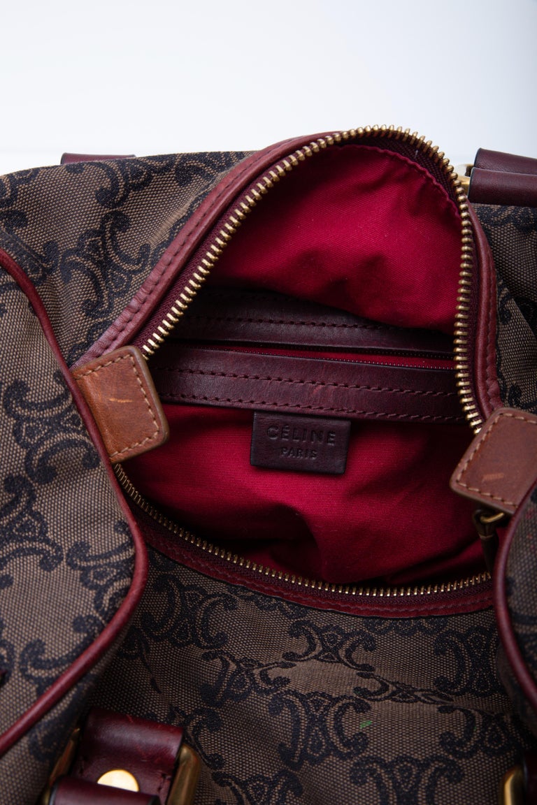 Celine Vintage Taupe Fabric Burgundy Leather Boston Bag 2009 For Sale ...