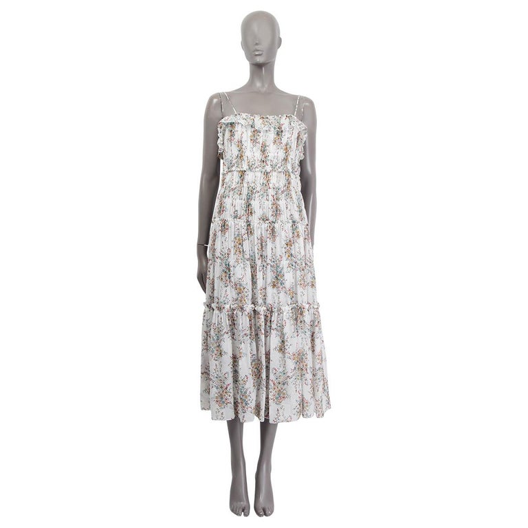 CELINE white silk FLORAL TIERED MIDI Dress S For Sale at 1stDibs