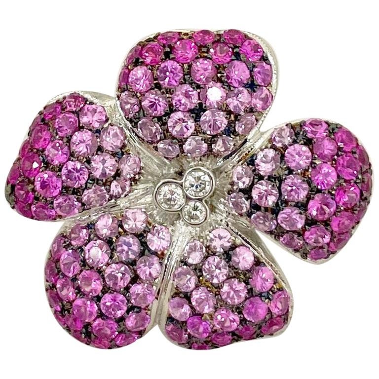 Cellini 18 Karat Gold Flower Brooch, 4.50Ct. Pink Sapphires and .15 ...