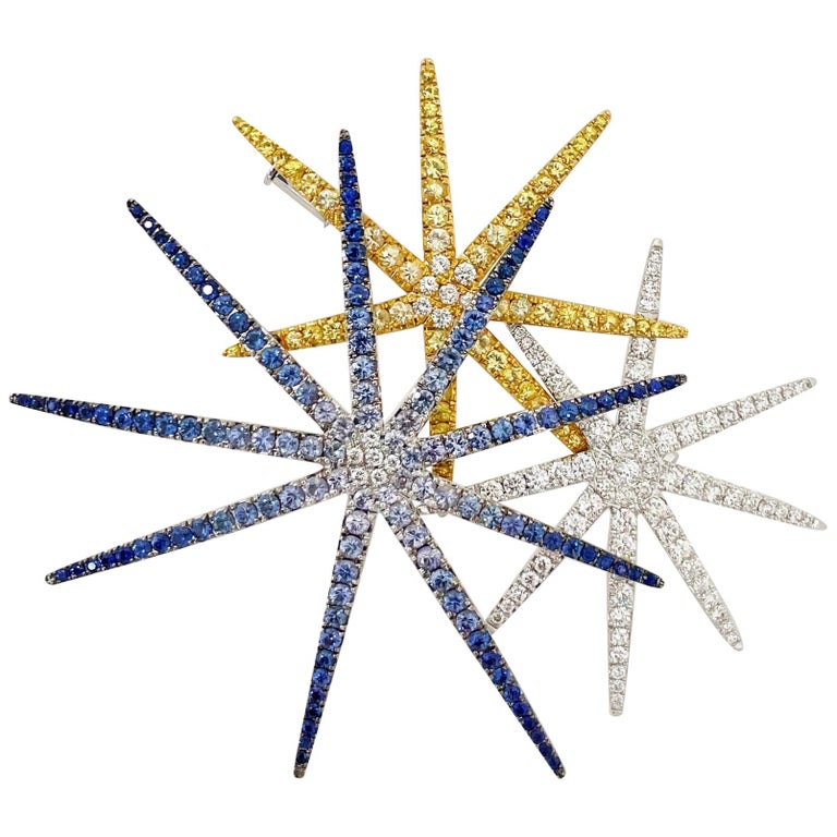 Cellini 18 Karat WG, Fireworks Brooch with Blue and Yellow Sapphires ...