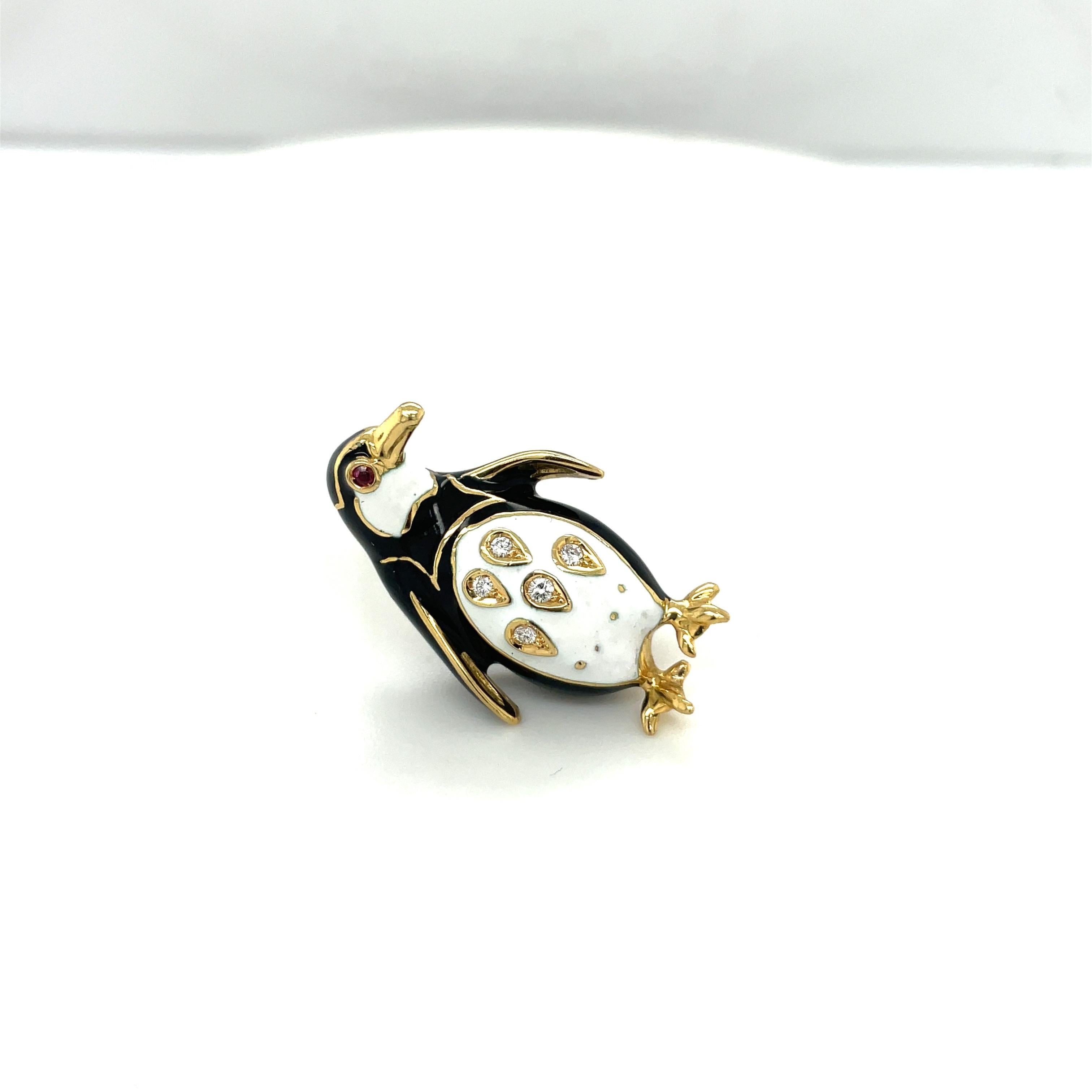 Cellini 18KT Yellow Gold Enamel and Diamond Penguin Brooch For Sale at ...
