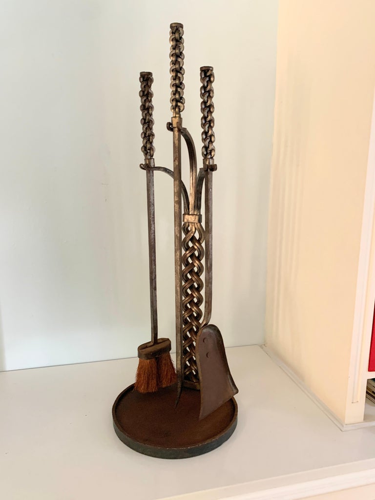 Celtic Braid Wrought Iron Four Piece Fireplace Set For Sale at 1stDibs