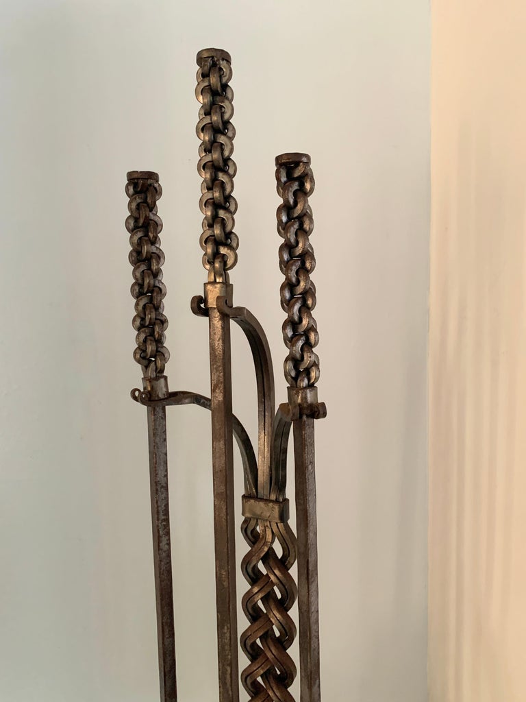 Celtic Braid Wrought Iron Four Piece Fireplace Set For Sale at 1stDibs