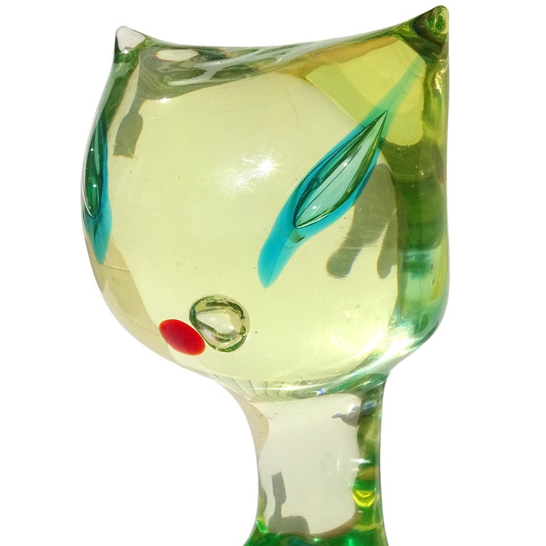 Cenedese Murano Sommerso Uranium Yellow Italian Art Glass Kitty Cat ...