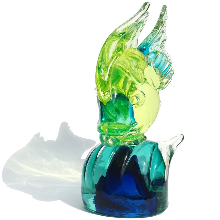 Cenedese Murano Uranium Green Blue Italian Art Glass Fish on Wave ...
