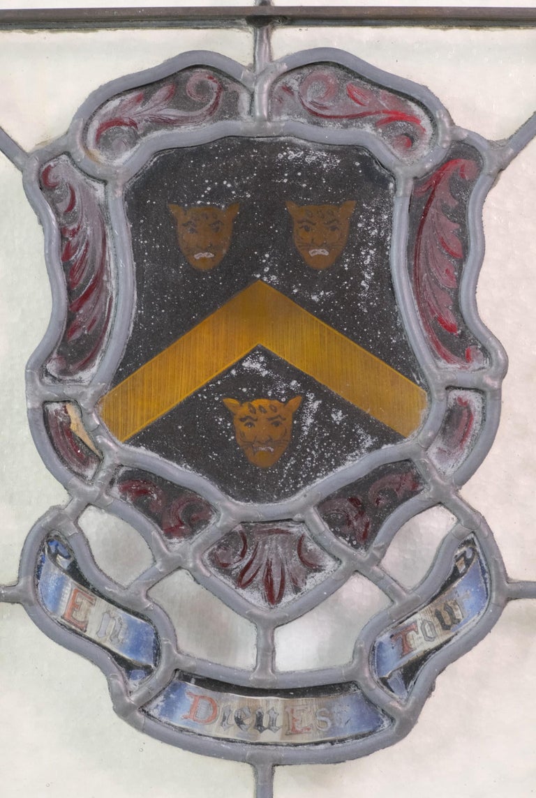 Center Lion Head Crest Stained Glass Window with Red Jewels and Yellow ...