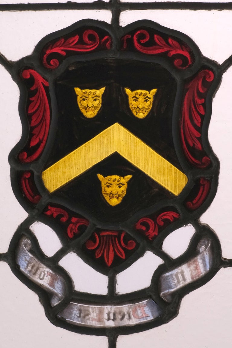 Center Lion Head Crest Stained Glass Window with Red Jewels and Yellow ...