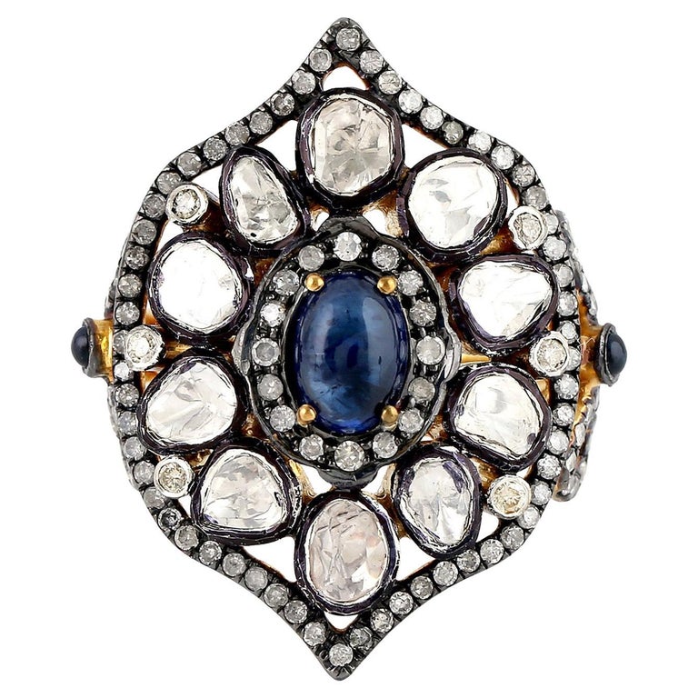 Centre Stone Sapphire and Diamonds Cocktail Ring with Golden Grill on ...
