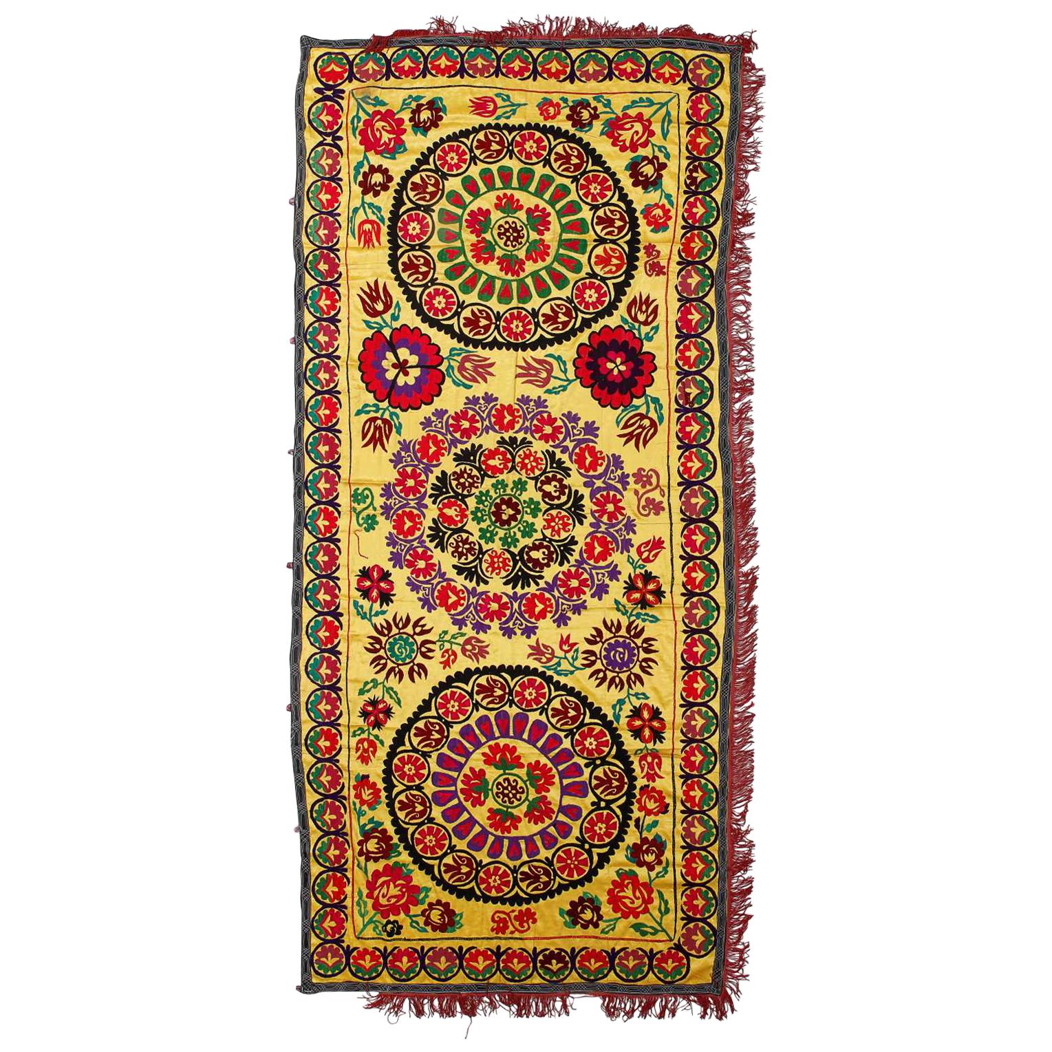 3.4x3.4 Ft Square Asian Suzani Textile, Embroidered Silk and Cotton ...