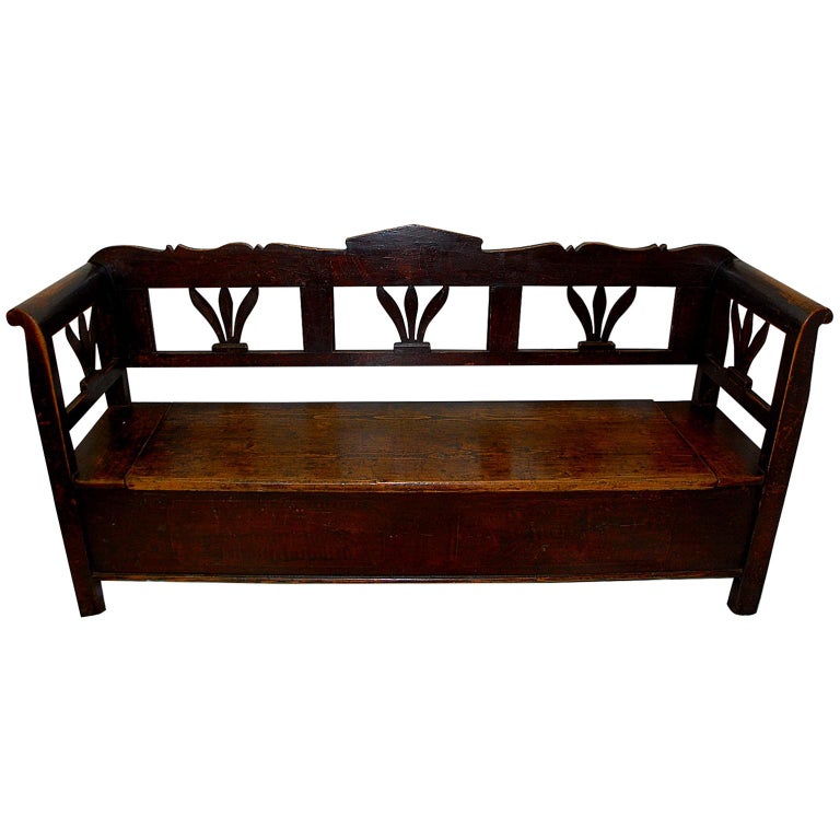 Central European 19th Century Pine Storage Bench with Foliate Cut Out ...