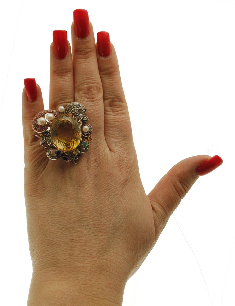 Central Yellow Topaz, Diamonds, Emeralds, Rubies, Little Pearls Retro ...