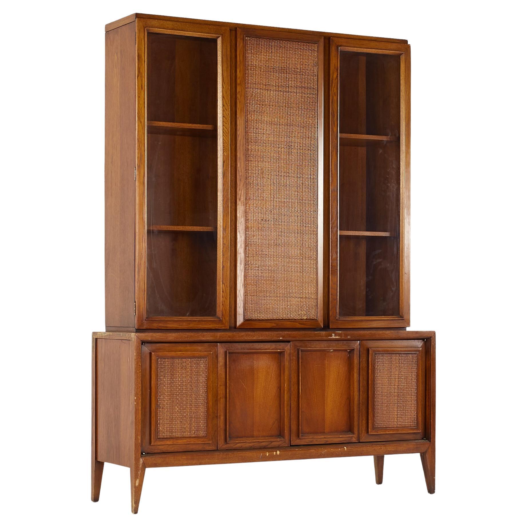 Mainline by Hooker Mid Century Walnut and Cane China Cabinet Buffet and ...