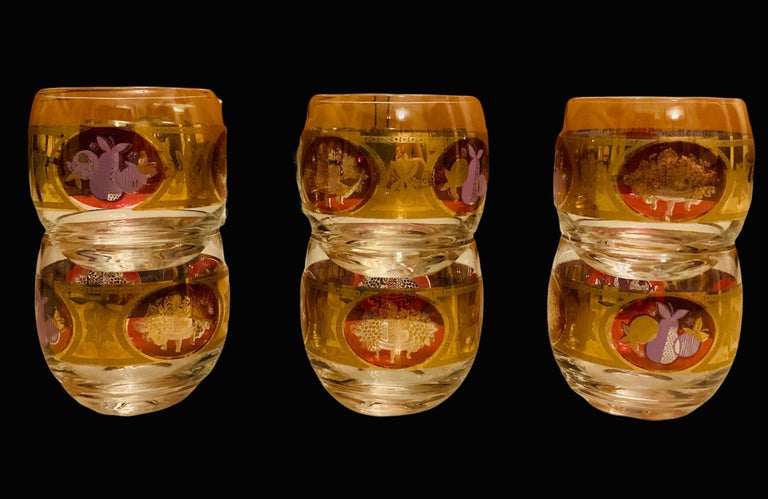 Cera Engraved/Stained Gold Rolly Polly Clear Glasses For Sale at 1stDibs