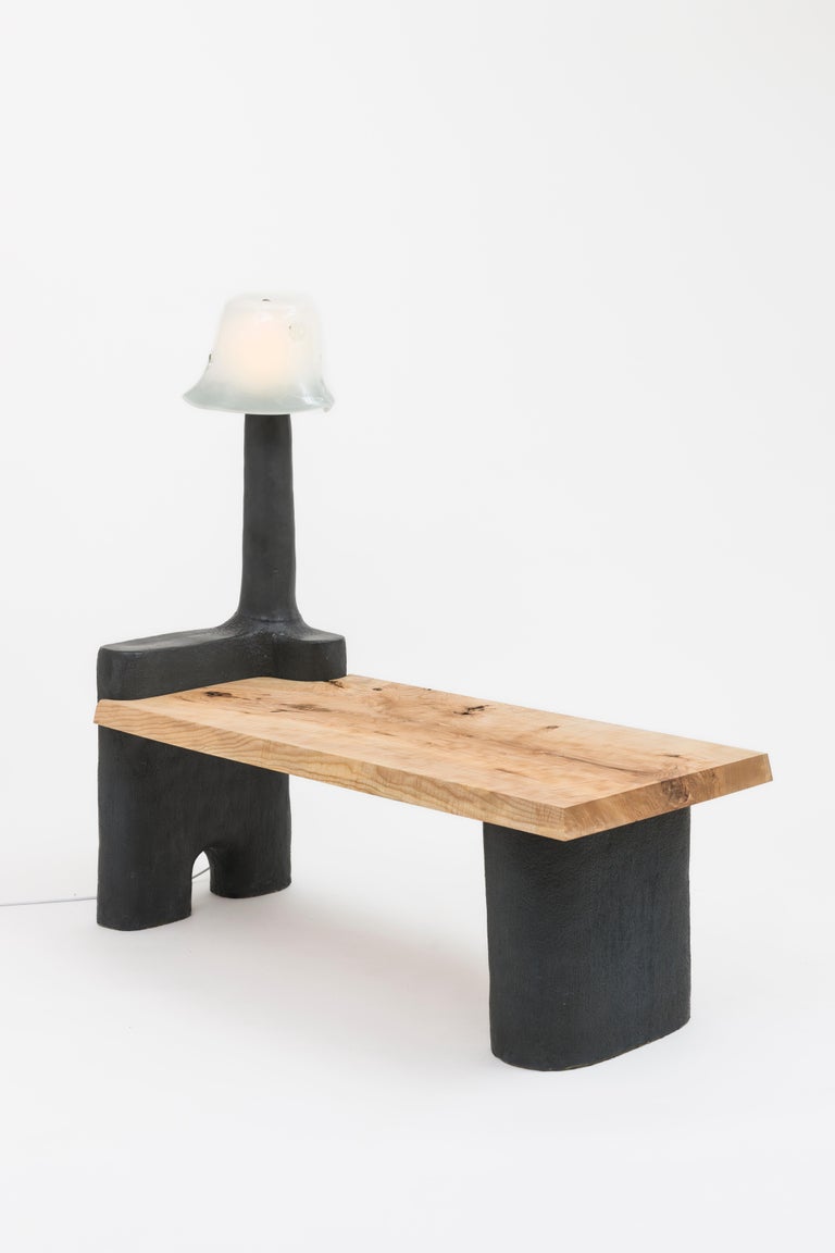 Ceramic and Wood Bench with Lamp by Ellen Pong For Sale at 1stDibs