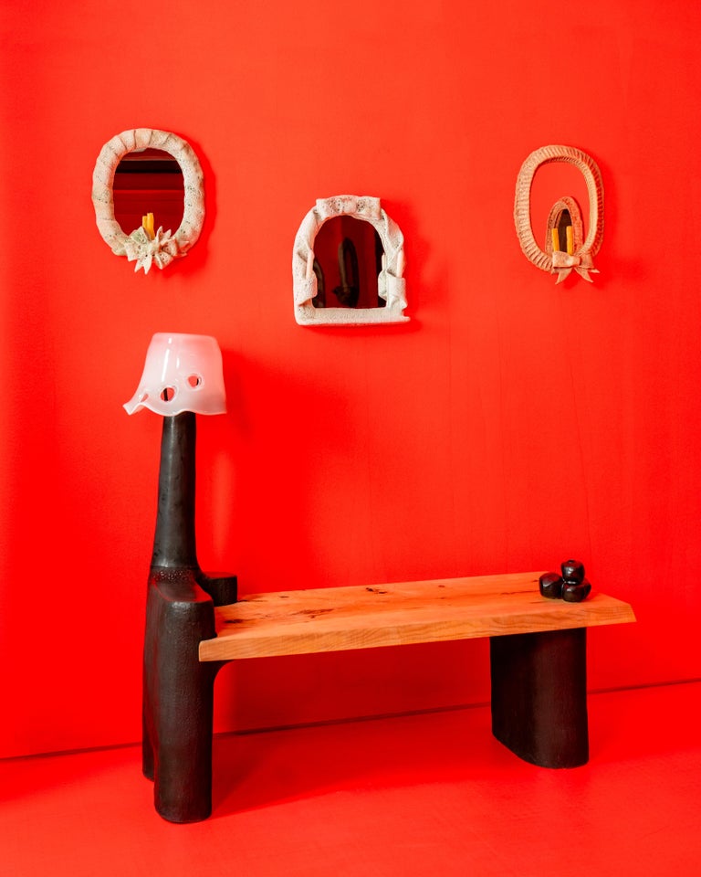 Ceramic and Wood Bench with Lamp by Ellen Pong For Sale at 1stDibs