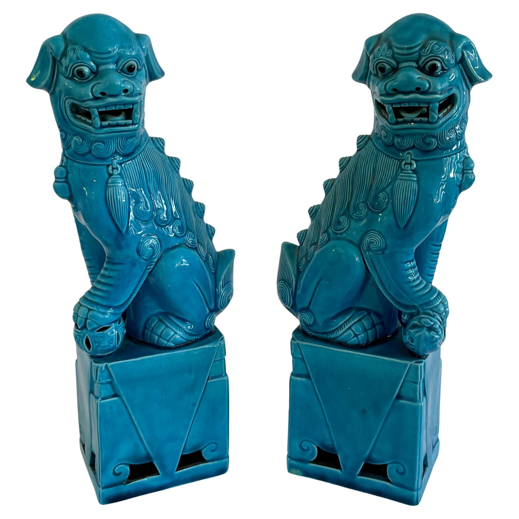 Large Ceramic Asian Turquoise Foo Dogs, a Pair For Sale at 1stDibs