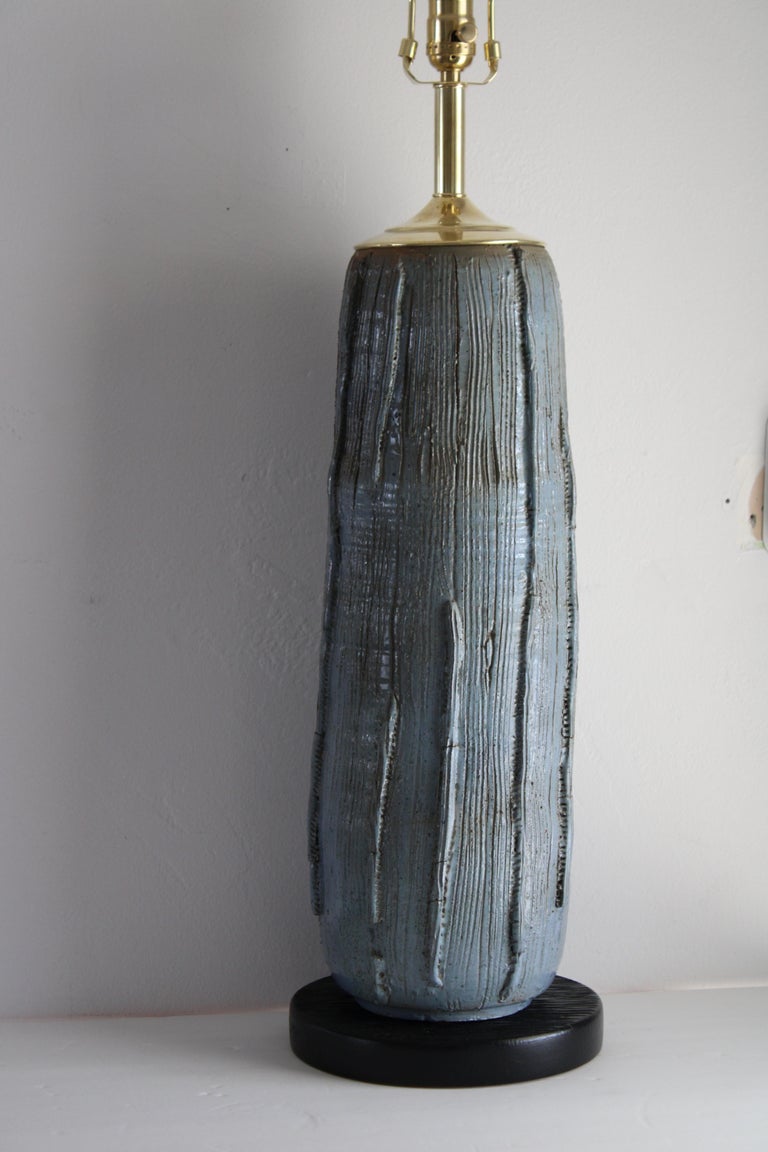 Ceramic Blue Table Lamp with Sgraffito Lines For Sale at 1stDibs
