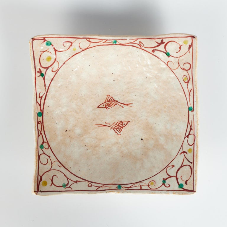 Ceramic Glazed Square Plate with Hand Painted Designs For Sale at 1stDibs