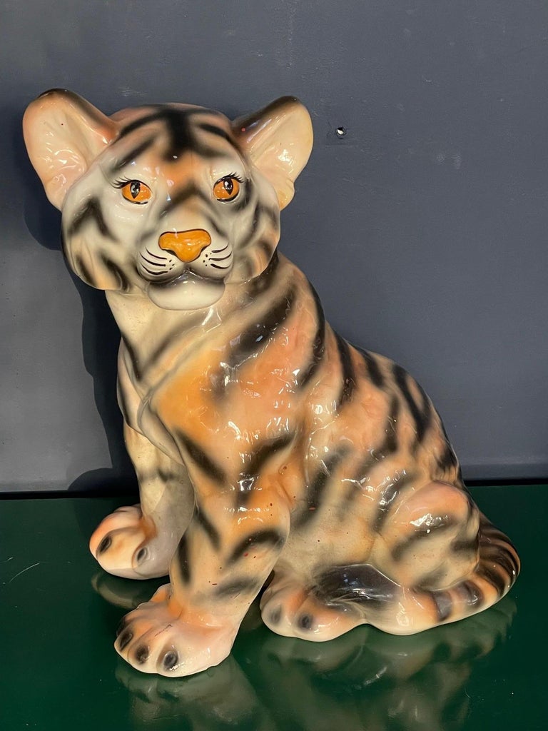 Ceramic Glazed Tiger Cub Statue For Sale at 1stDibs