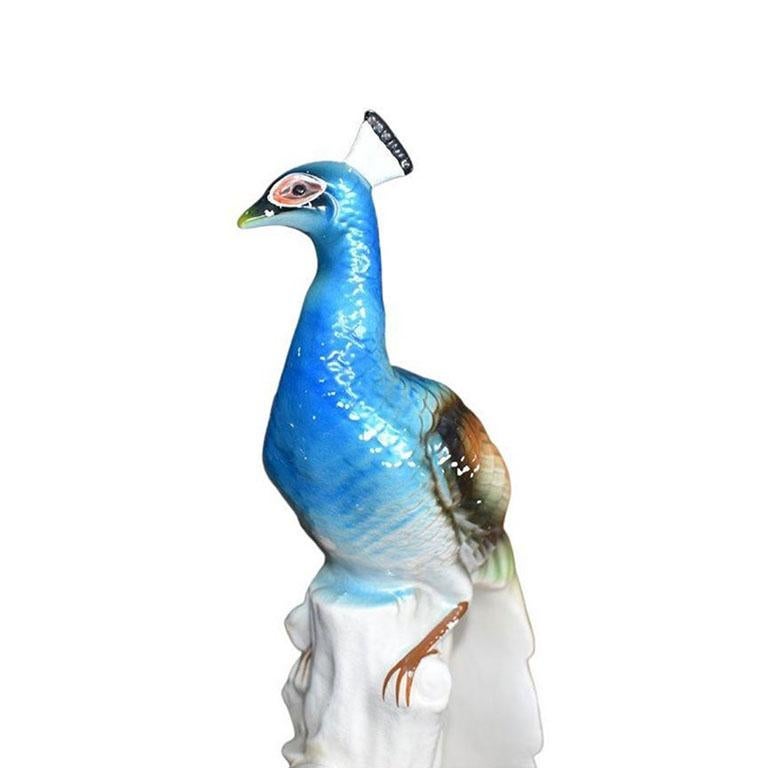 Ceramic Peacock Bird Sculpture with Flowers in Blue, Yellow and Green ...