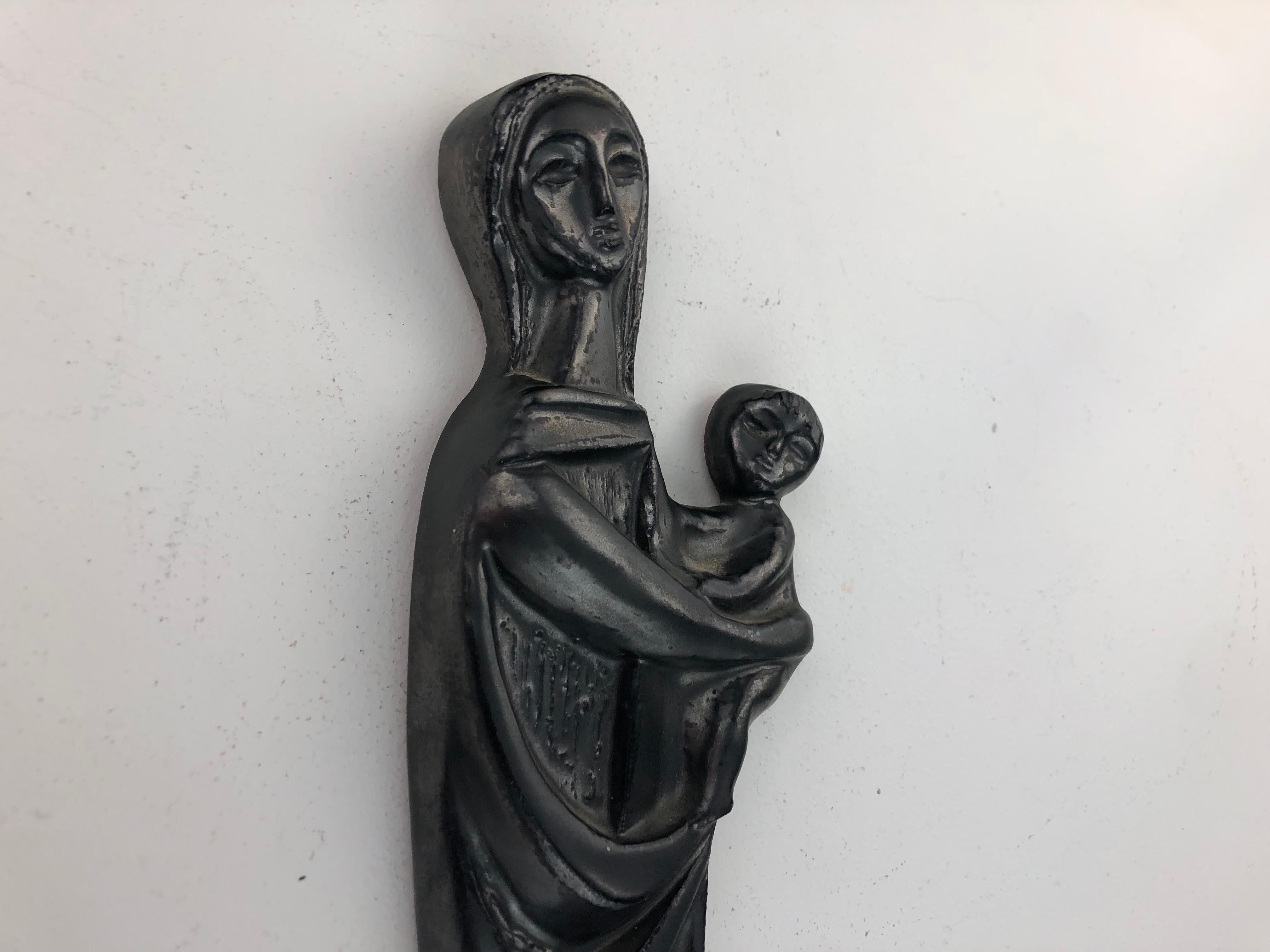 Ceramic Religious Modernist Wall Art, Pewter Colored Virgin Mary and ...