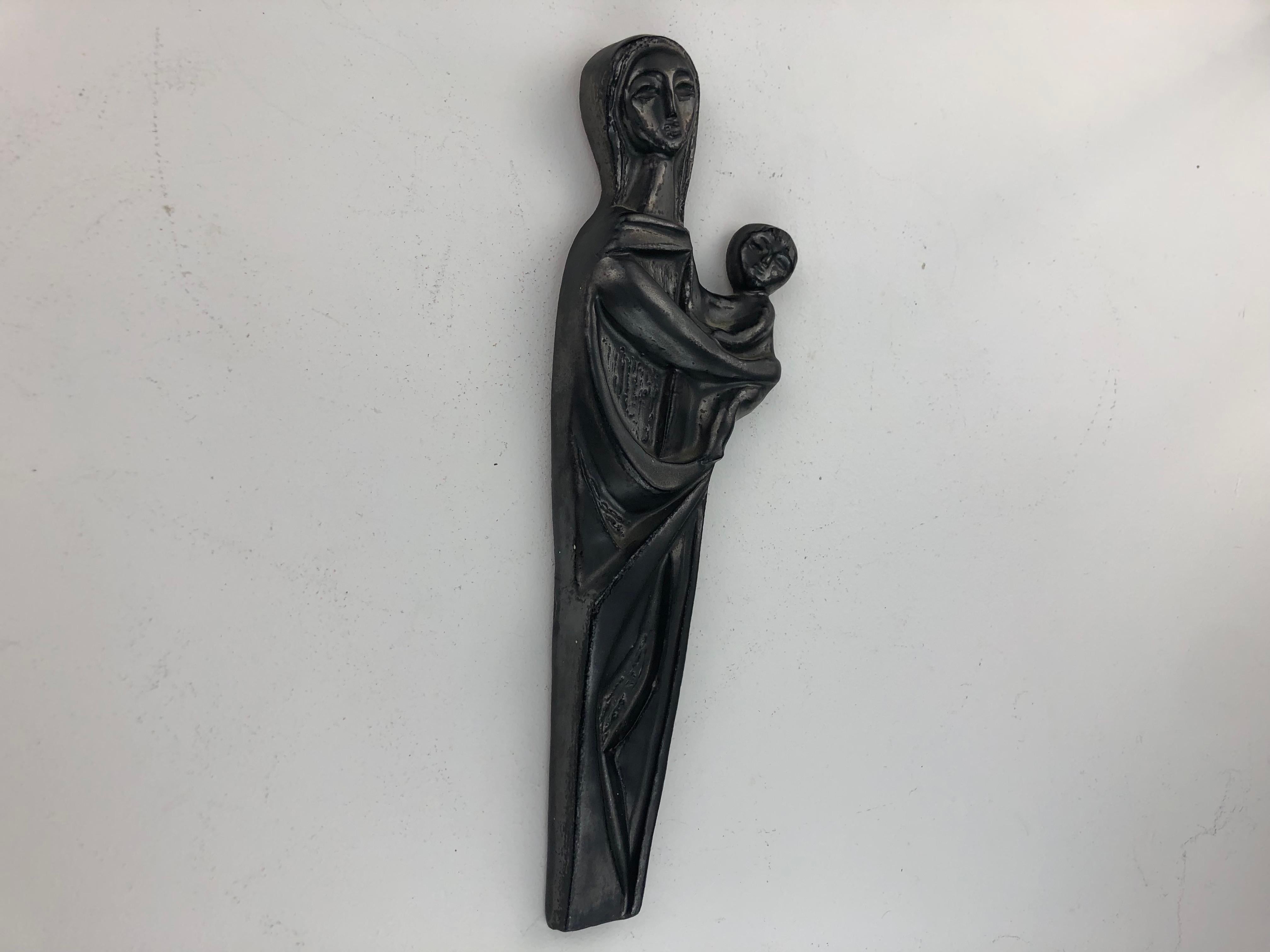 Ceramic Religious Modernist Wall Art, Pewter Colored Virgin Mary and ...