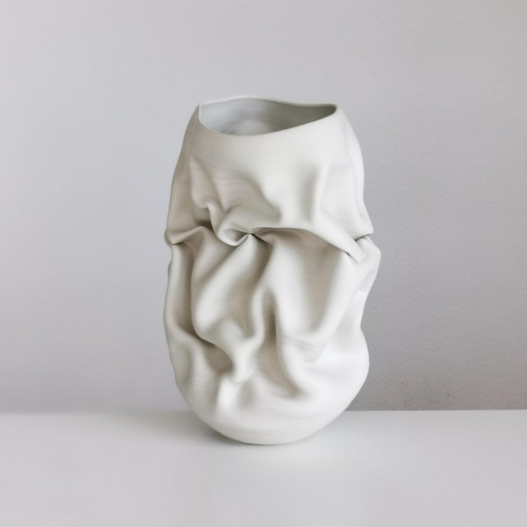 Ceramic Sculpture Vessel, N. 50 Medium Tall White Crumpled Form, Objet ...