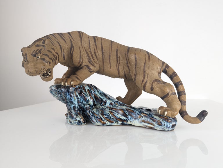 Ceramic Tiger Sculpture Shiwan Midcentury For Sale at 1stDibs