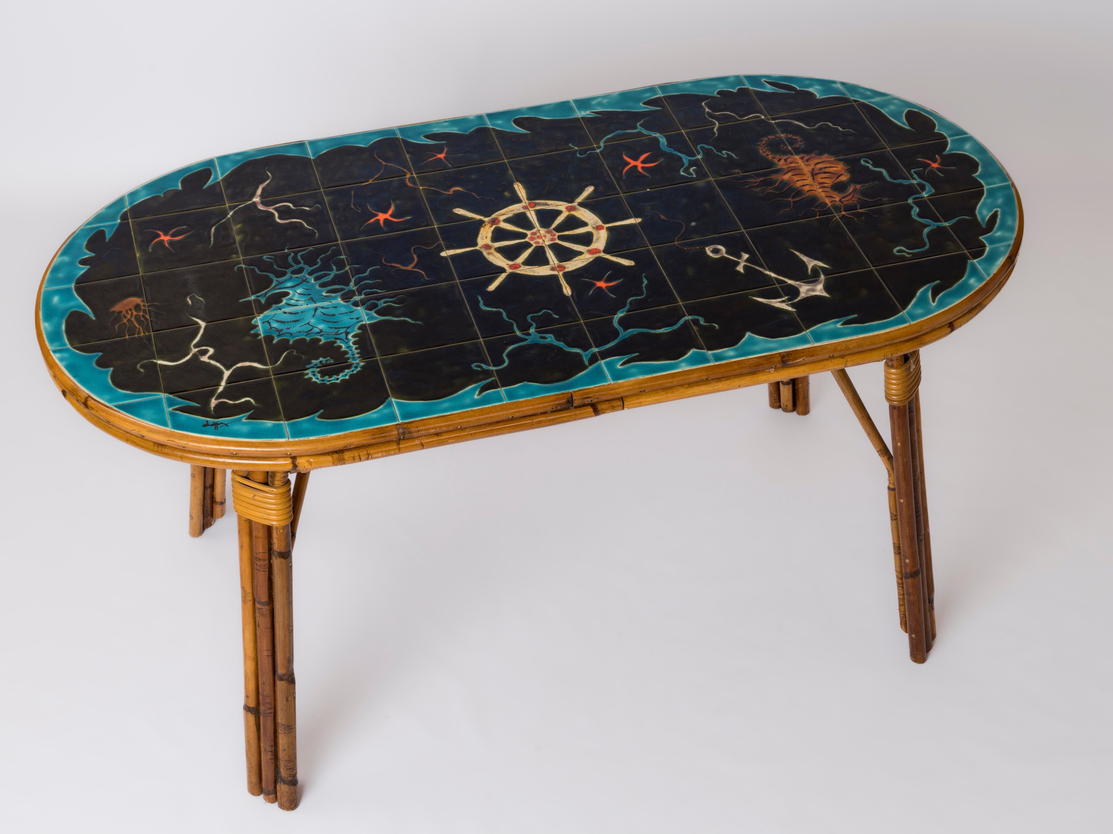 Ceramic Tiles and Rattan Dining Table by Adoux Minnet and Georges ...