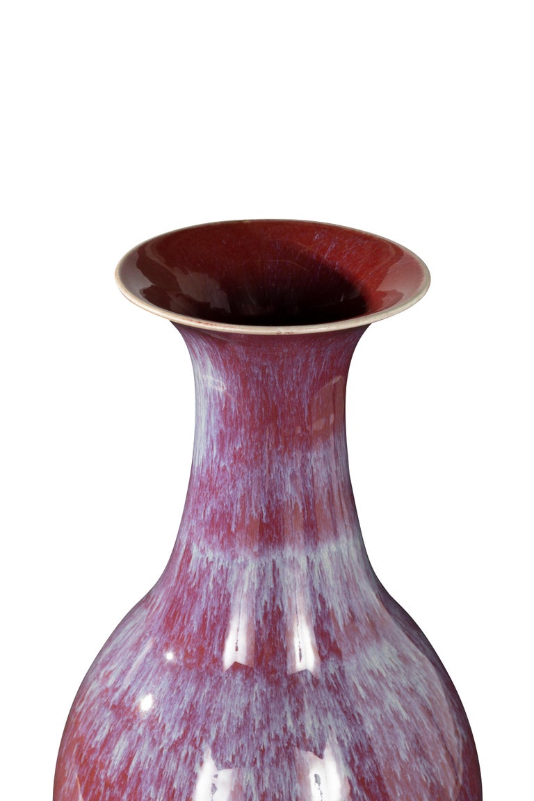 Ceramic Trumpet Formed Variegated Vase in Ox-Blood and Pink Drip Glaze ...