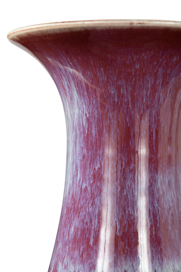Ceramic Trumpet Formed Variegated Vase in Ox-Blood and Pink Drip Glaze ...