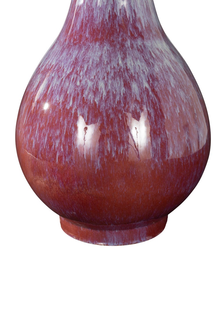 Ceramic Trumpet Formed Variegated Vase in Ox-Blood and Pink Drip Glaze ...
