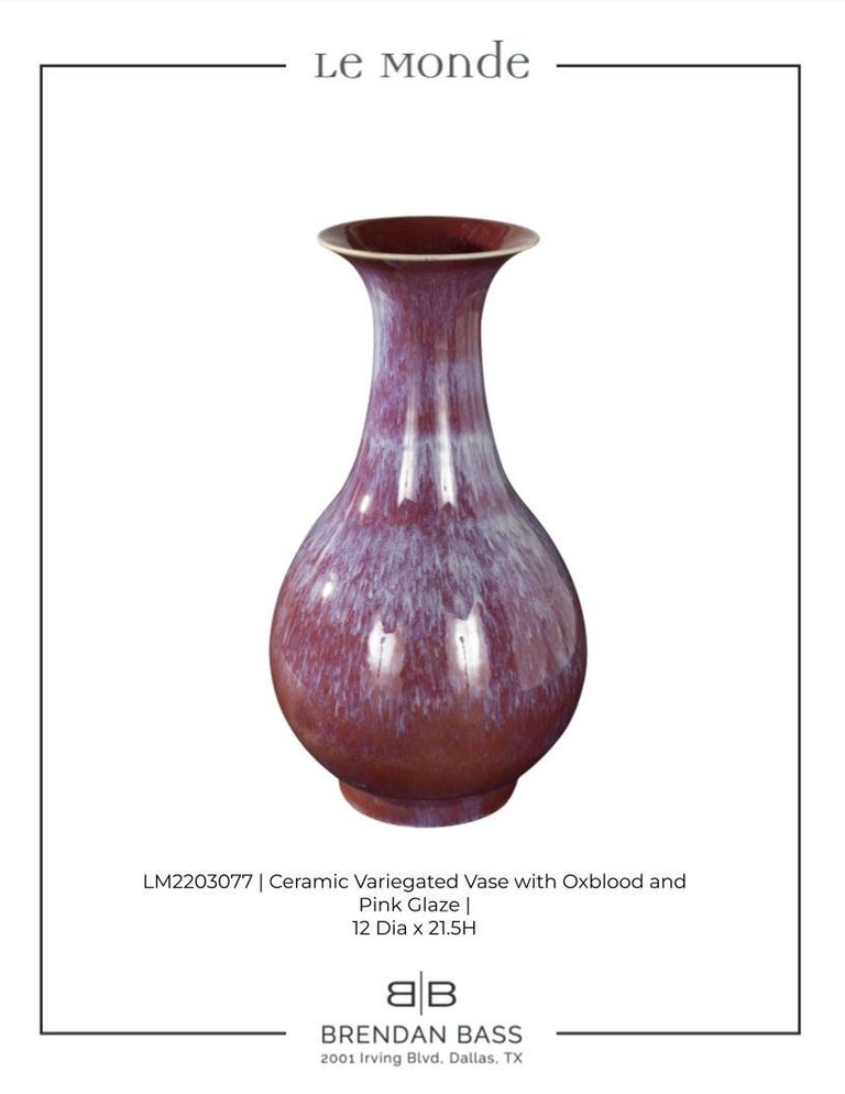 Ceramic Trumpet Formed Variegated Vase in Ox-Blood and Pink Drip Glaze ...