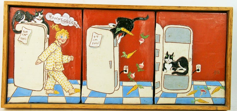 Folk Art Ceramic Tryptic "Cat Gone Wild" For Sale at 1stDibs