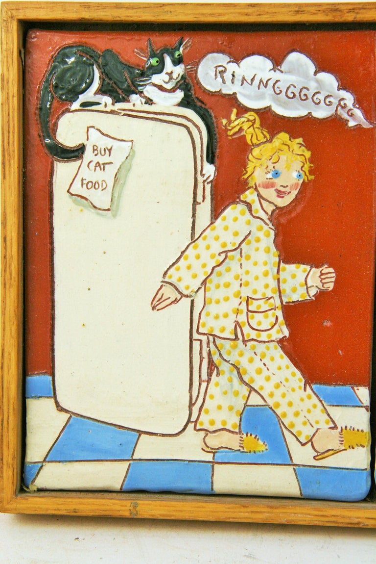 Folk Art Ceramic Tryptic "Cat Gone Wild" For Sale at 1stDibs