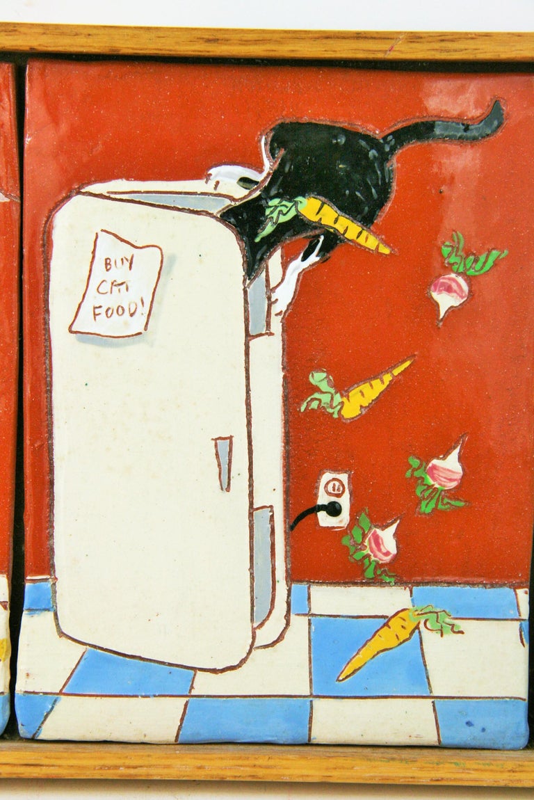Folk Art Ceramic Tryptic "Cat Gone Wild" For Sale at 1stDibs