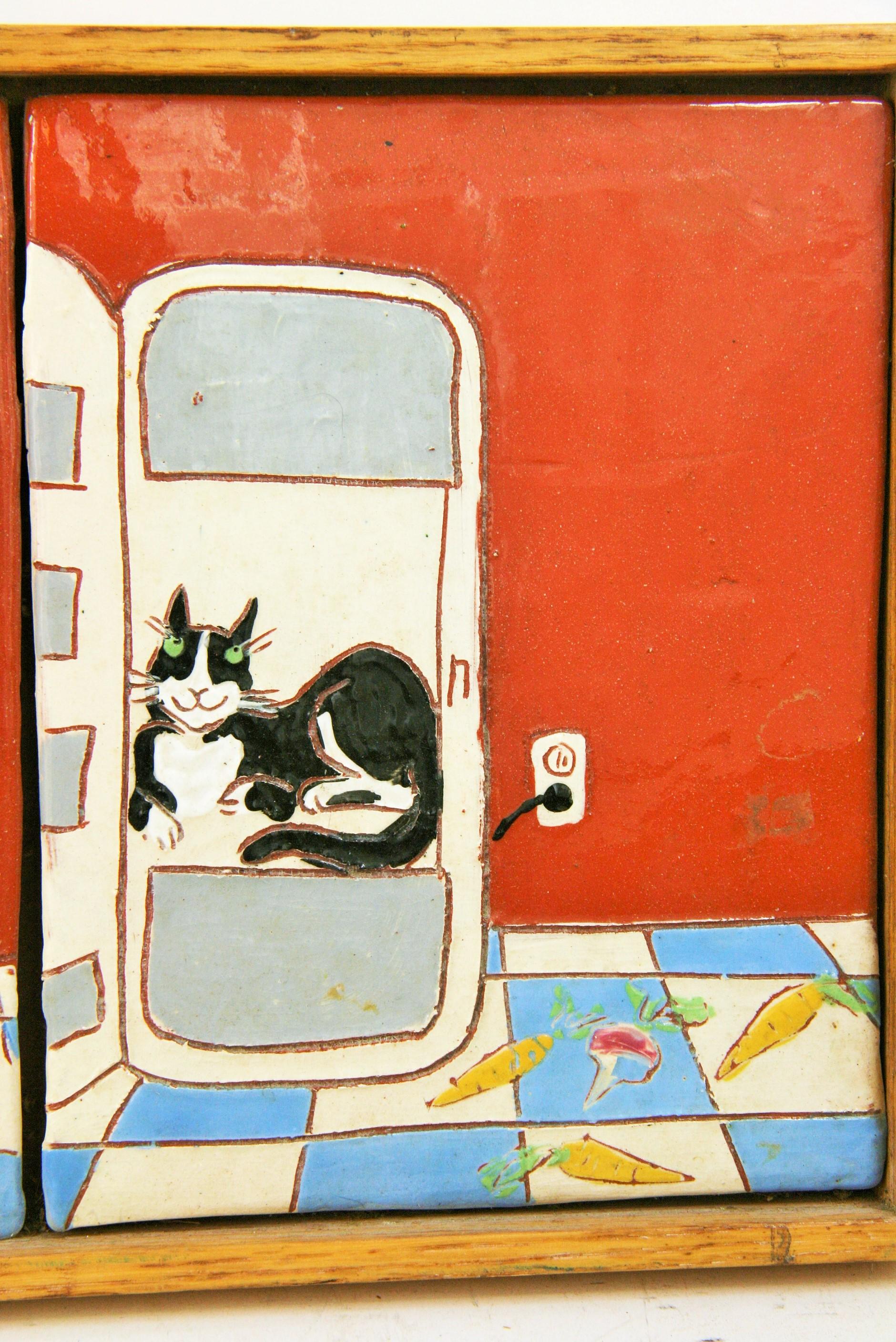 Folk Art Ceramic Tryptic "Cat Gone Wild" at 1stDibs