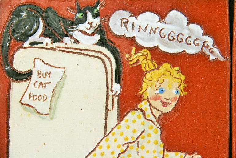 Folk Art Ceramic Tryptic "Cat Gone Wild" For Sale at 1stDibs