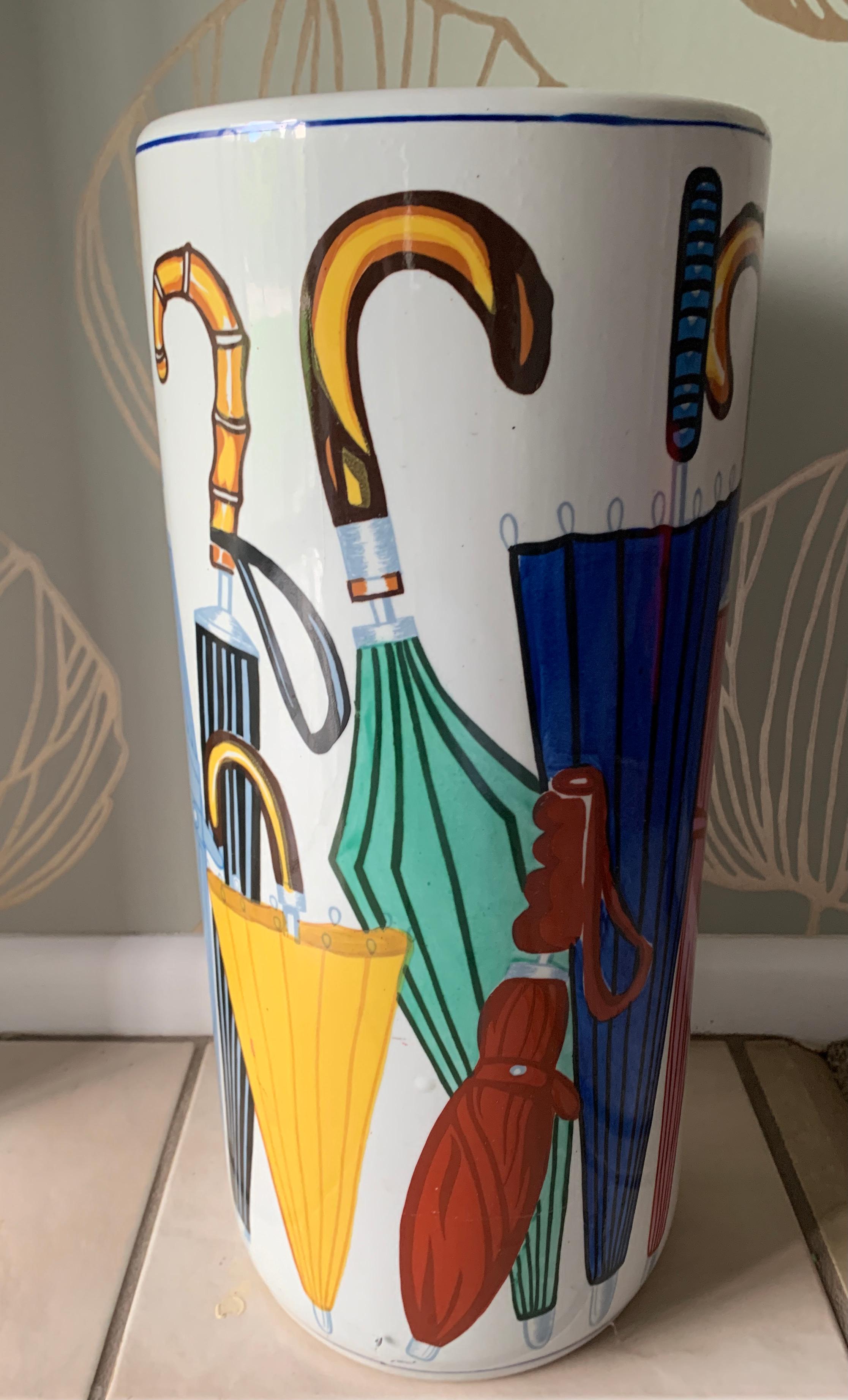Ceramic Umbrella Stand with Umbrella Illustrations at 1stDibs