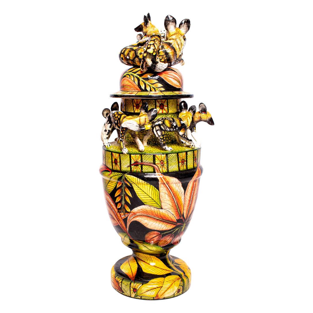 Ceramic Wild Dogs Urn Pair , hand made in South Africa For Sale at 1stDibs