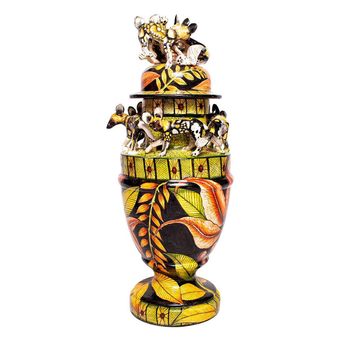 Ceramic Wild Dogs Urn Pair , hand made in South Africa For Sale at 1stDibs